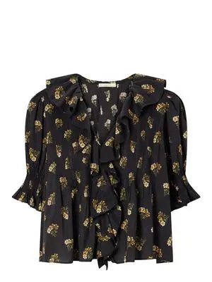 DÔEN DÔEN Henri Ruffled Pintucked Floral-Print Top Black