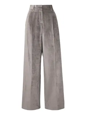 Brunello Cucinelli Pleated Cotton-blend Velvet Wide-leg Pants - Silver