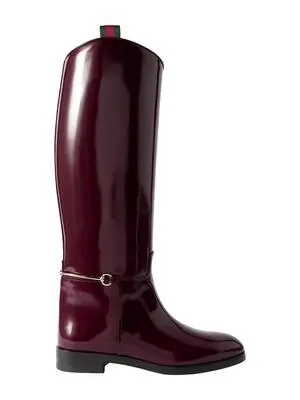 Gucci Webbing-trimmed Horsebit-embellished Patent-leather Knee High Boots - Burgundy