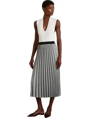 REISS Nova Checked Pleated Midi Skirt - Grey
