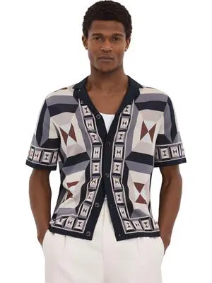 REISS Beresford Knitted Cuban Collar Shirt - Blue Multi