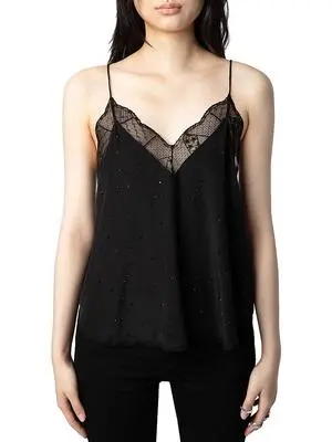 Zadig&Voltaire Silk Lace Trim Embellished Cami Noir