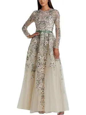 Mac Duggal Long Sleeve Embellished Gown - Sage Multi
