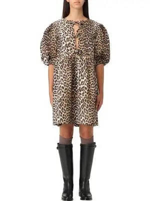 GANNI Leopard Print Puff Sleeve Dress - Brown
