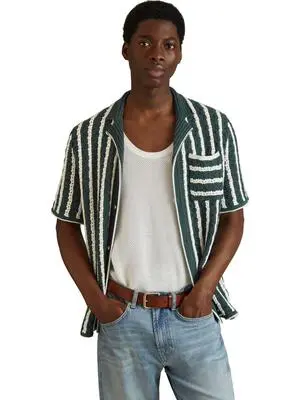REISS Spritz Oversized Crochet Striped Cuban Collar Shirt - Green/white