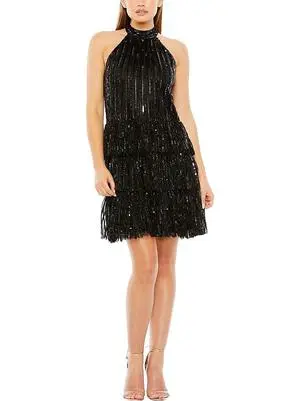 Mac Duggal High Neck A-line Sequin Mini Dress - Black