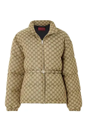Gucci Belted Leather-trimmed Cotton-blend Canvas Down Jacket - Brown