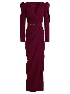 RHEA COSTA Wrap-effect Belted Gown - Burgundy
