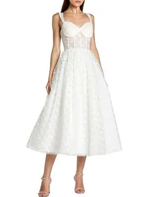 Mac Duggal Polka Dot Net Bustier A-line Midi Dress - Ivory