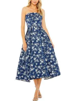 Mac Duggal Strapless Brocade Midi Dress - Blue Multi