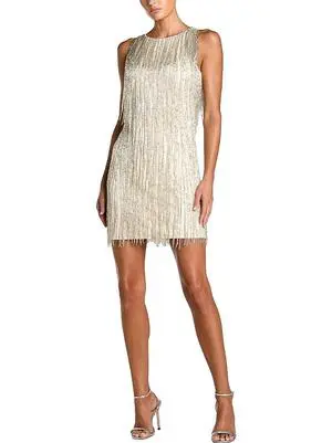 Mac Duggal Embellished Beaded Fringe Mini Dress - Nude Silver