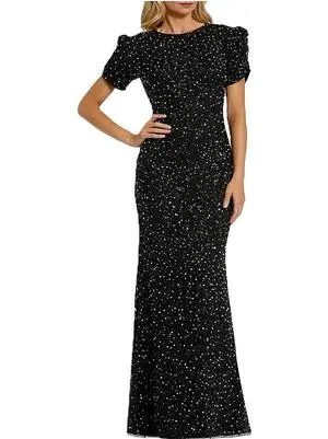 Mac Duggal Gathered Short Sleeve Beaded Gown - Black