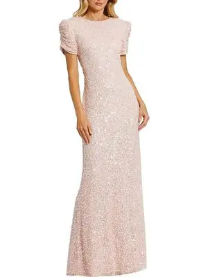Mac Duggal Gathered Short Sleeve Beaded Gown - Blush