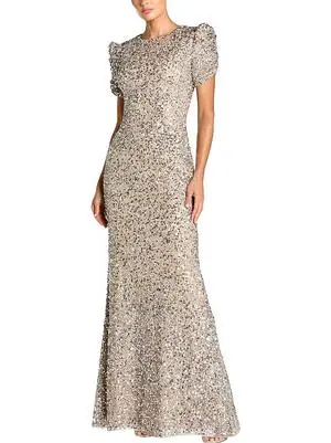 Mac Duggal Gathered Short Sleeve Beaded Gown - Nude Silver