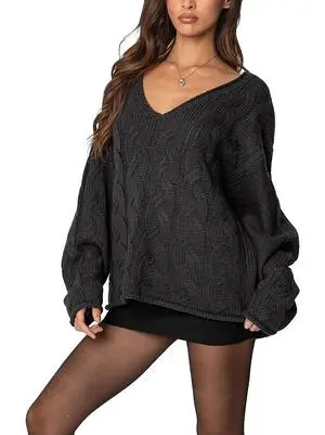 EDIKTED Inga Cable Knit Sweater - Dark Gray
