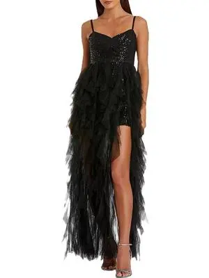 MAC DUGGAL Mac Duggal Ieena Collection Sequin Mini Dress With High-Low Ruffle Tiered Train