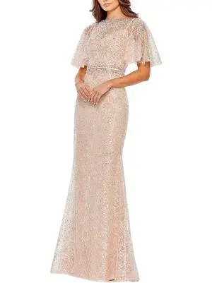 Mac Duggal Embellished Neck Butterfly Sleeve Trumpet Gown - Blush