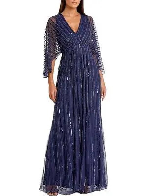 Mac Duggal Beaded Striping Kimono Sleeve Gown - Navy