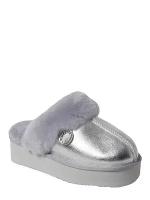 DEARFOAMS DEARFOAMS Fireside Melton Genuine Shearling Platform Scuff Slipper Silver