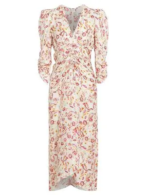 Isabel Marant Ruched Printed Satin-jacquard Midi Dress - Fuchsia