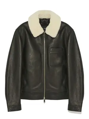 YVES SALOMON Shearling Collar Leather Jacket - Black