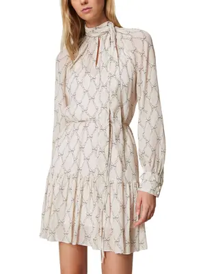 TWINSET Bow-print Creponne Mini Dress - Neutrals