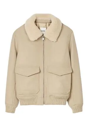 Sandro Wool-Blend Aviator Jacket With Shearling Collar Naturels