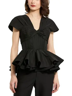 Mac Duggal Faille Twist Bustier Peplum Top - Black