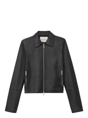 Lafayette 148 New York Leather Zip Cropped Jacket - Black