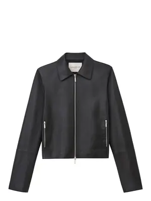 Lafayette 148 New York Leather Zip Cropped Jacket - Black