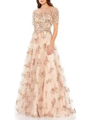Mac Duggal Embellished Illusion A-line Gown - Champagne