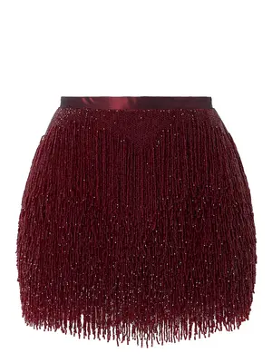 WIEDERHOEFT Fringed Beaded Silk-satin Mini Skirt - Red