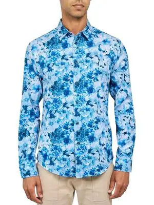 BROOKLYN BRIGADE Slim Fit Floral Performance Long Sleeve Shirt - Blue