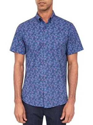 BROOKLYN BRIGADE Slim Fit Denim Floral Recycled 4-way Stretch Performance Short Sleeve Shirt - Navy
