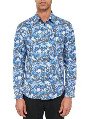 BROOKLYN BRIGADE Slim Fit Floral Recycled 4-way Stretch Performance Long Sleeve Shirt - Blue
