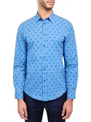 BROOKLYN BRIGADE Slim Fit Denim Geo 4-way Stretch Performance Long Sleeve Shirt - Blue