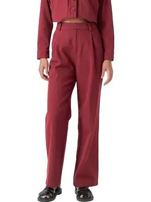 English Factory Pleated High-waist Wide-leg Pants - Burgundy