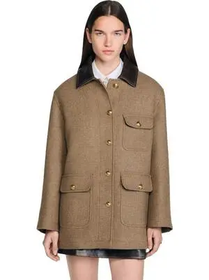 Sandro Tweed Coat With Leather Collar - Caramel