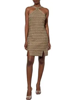 Ming Wang Metallic Tweed Halter Sheath Dress - Gold/black