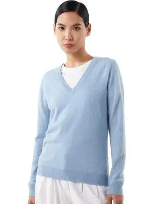 GOBI MONGOLIAN CASHMERE Essential Cashmere V-Neck Sweater Light Blue
