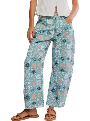 Free People Printed Barrel Leg Jeans - Jade Combo/ditsy Blue