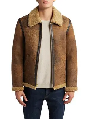 SCHOTT Genuine Shearling Collar Sheepskin Bomber Jacket - Brown