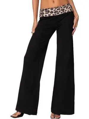 EDIKTED Foldover Waist Wide Leg Pants - Black/ Leopard Print