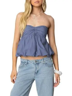 EDIKTED Serina Strapless Bubble Hem Top - Blue