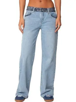 EDIKTED Bandana Trim Wide Leg Jeans - Blue-washed