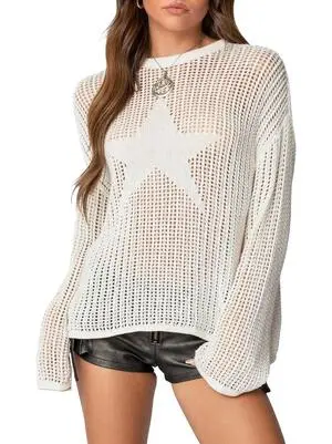 EDIKTED Seeing Stars Open Stitch Oversize Sweater - White