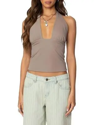 EDIKTED Mila Deep Square Neck Halter Stretch Top - Brown