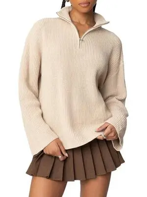 EDIKTED Amour High Neck Oversized Pullover Sweater - Beige