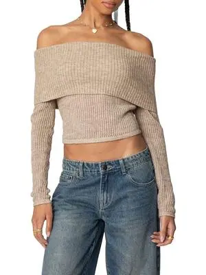EDIKTED Lili Rib Off The Shoulder Crop Sweater - Beige