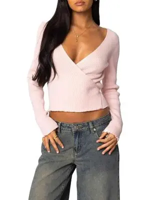 EDIKTED Paden Rib Knit Crop Wrap Top - Light-pink
